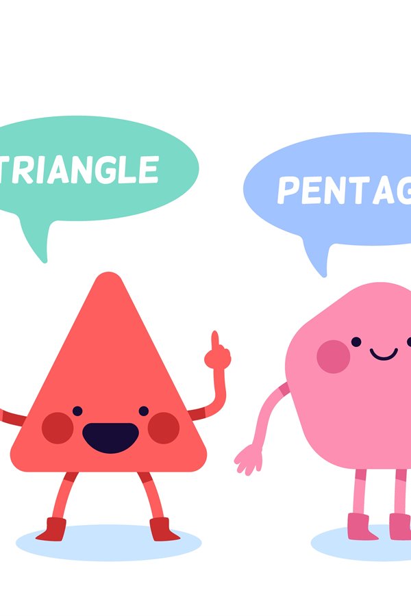 Basic geometric shapes faces. Bright funny figures with name