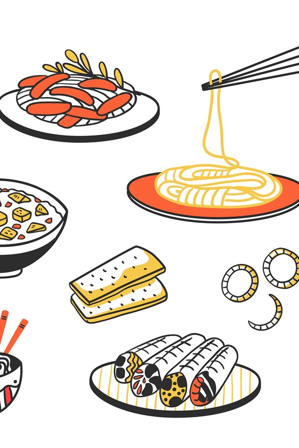 Doodle Asian food. Chinese noodles soup meat slices and sauc