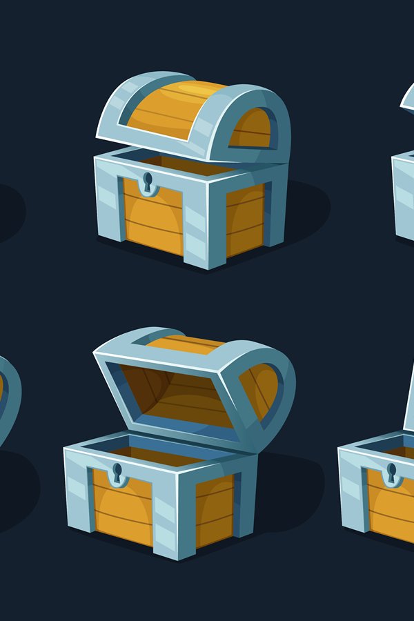 Various key frames animation of wooden chest or box. Vector