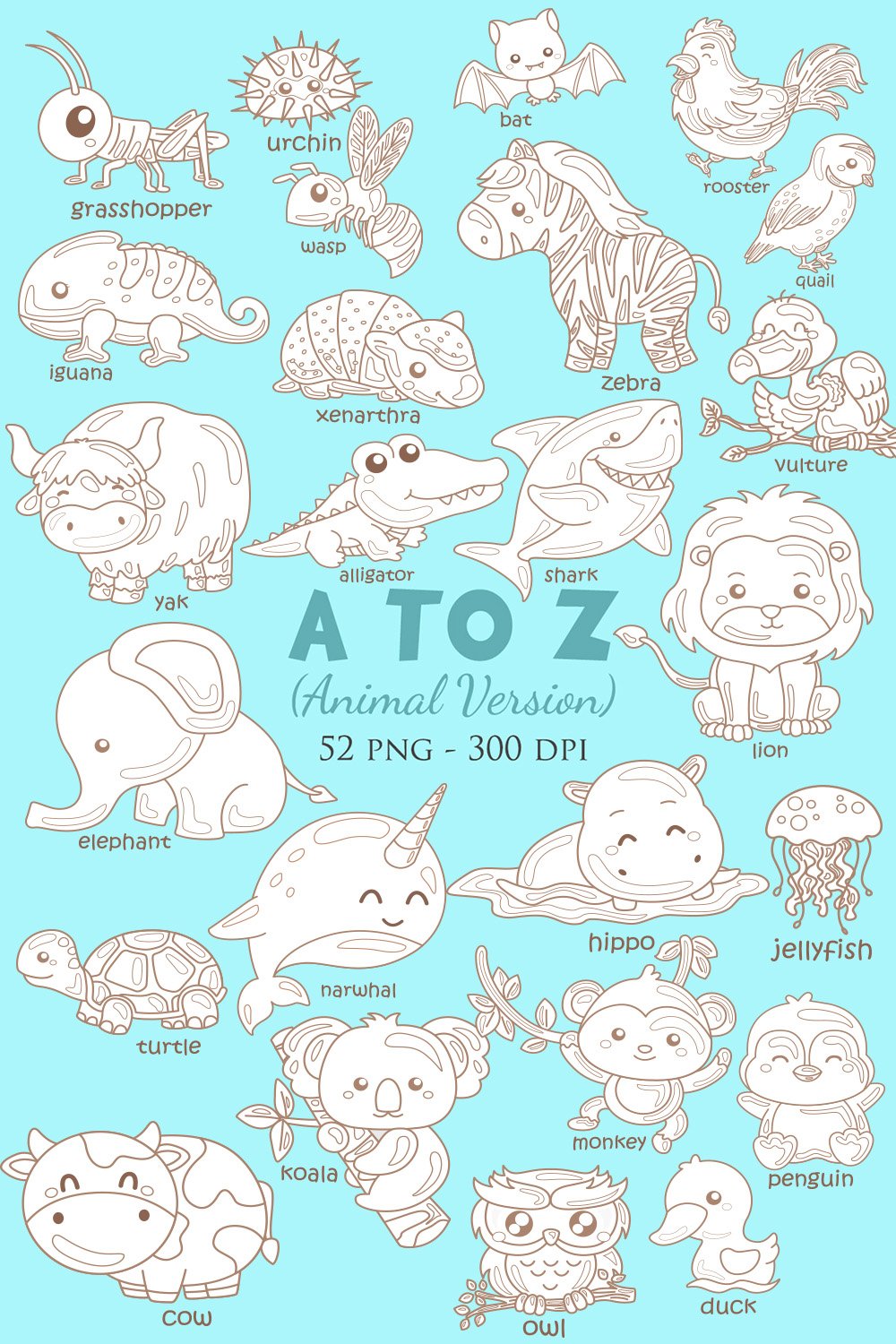 Alphabet A to Z Animal Vocabulary School Outline Stamp