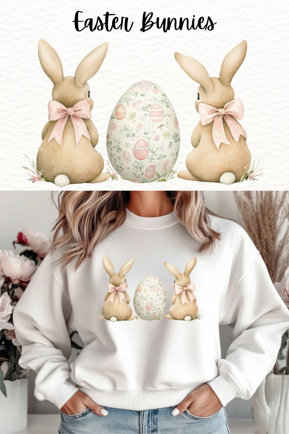 Easter Bunnies PNG with Egg | Cute Sublimation Design