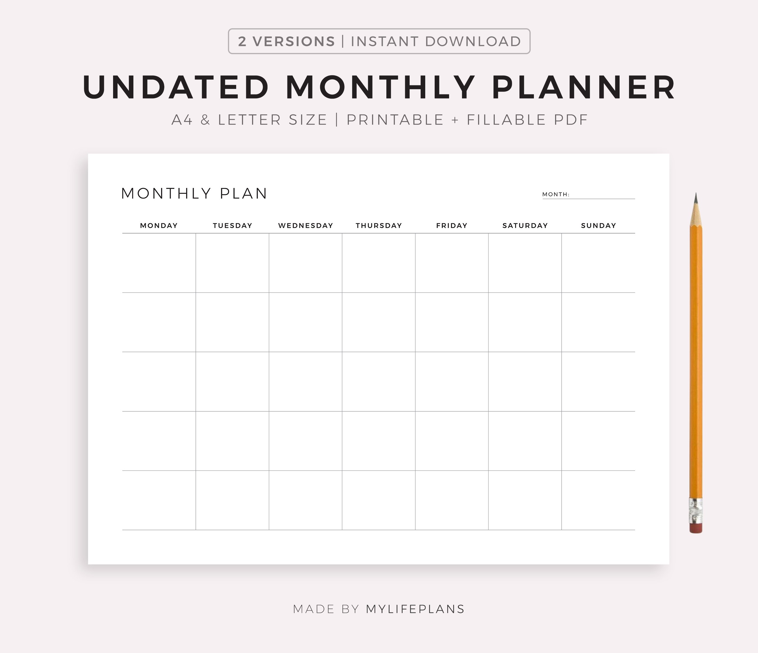 Undated Monthly Planner Printable & Fillable Landscape