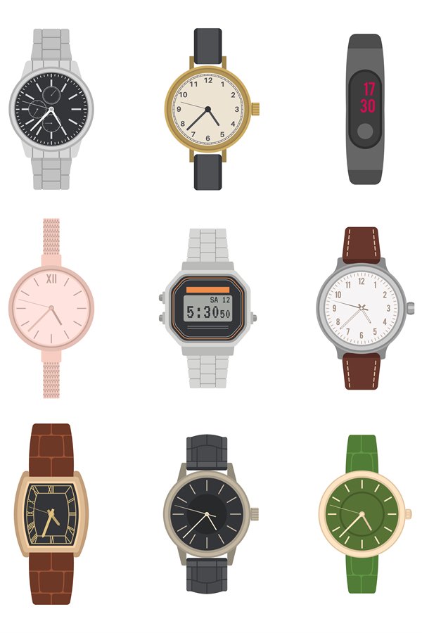Flat wrist watch. Various mens and womens classic and modern