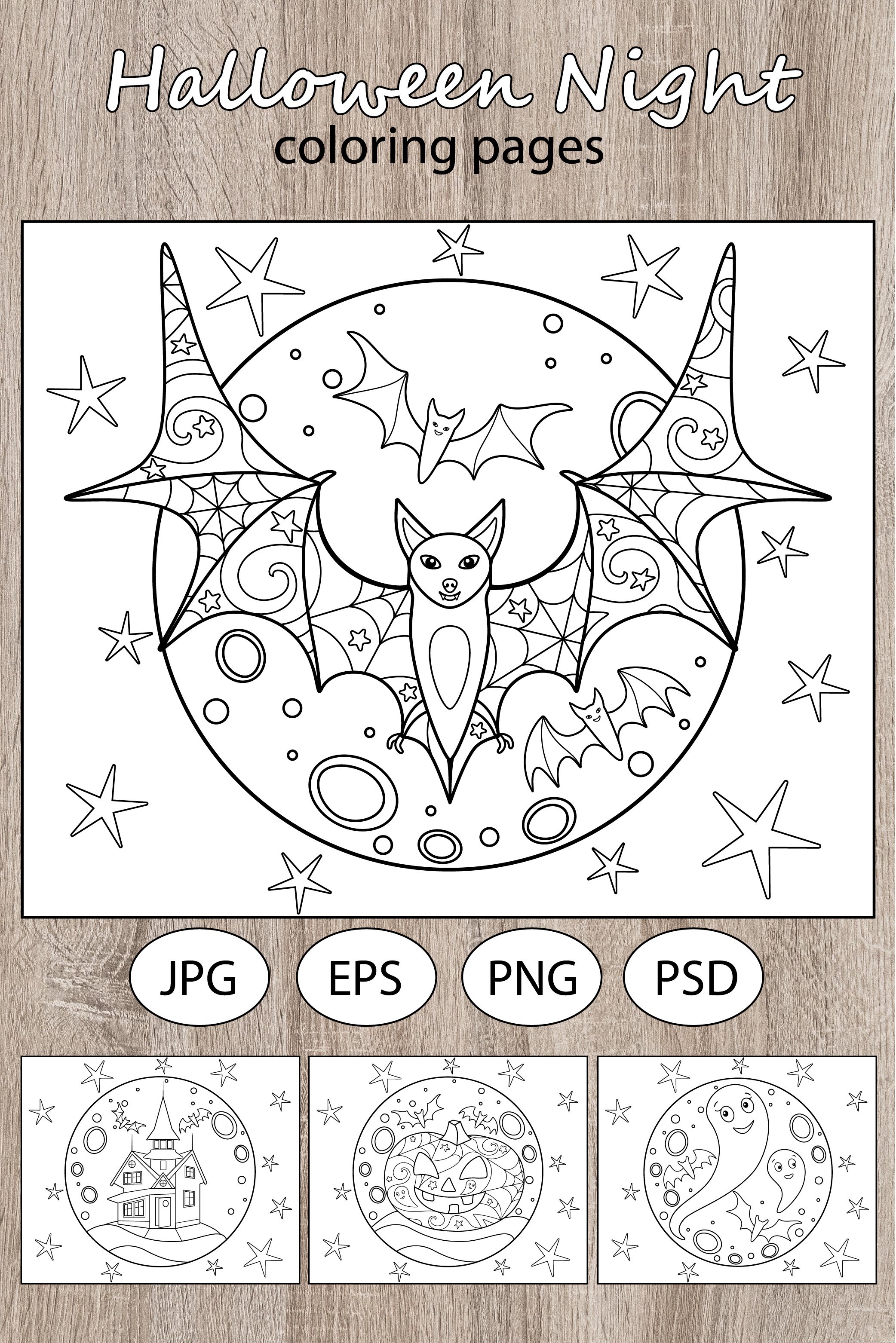 Halloween night holiday coloring page. Bat, pumpkin, ghosts