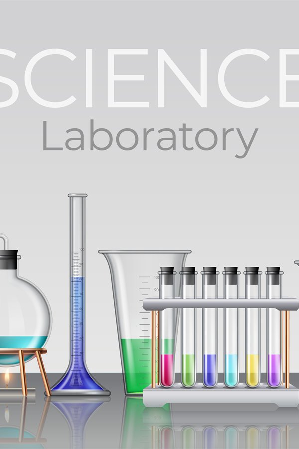Realistic science laboratory. Chemical lab glassware, beaker