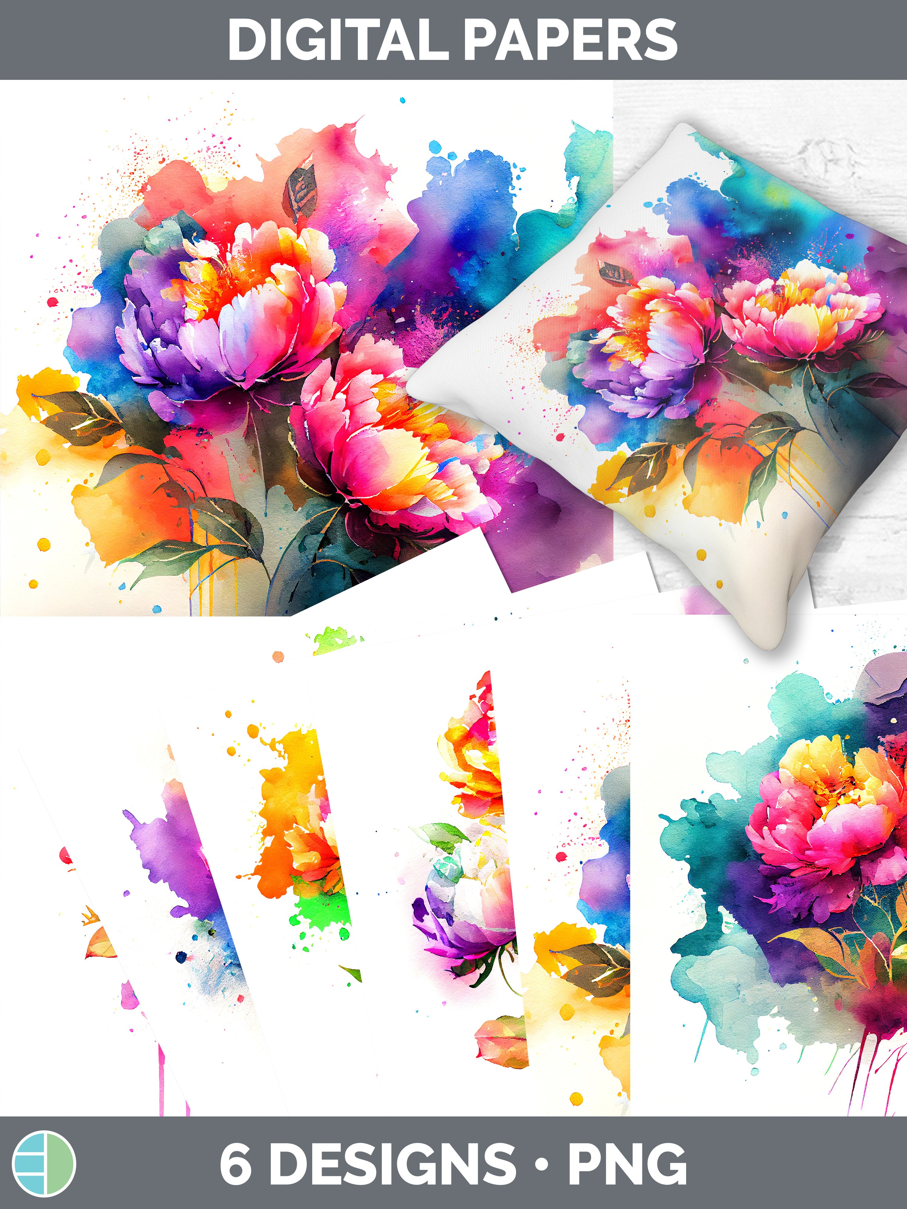Rainbow Peony Flowers Paper Backgrounds | Digital Scrapbook