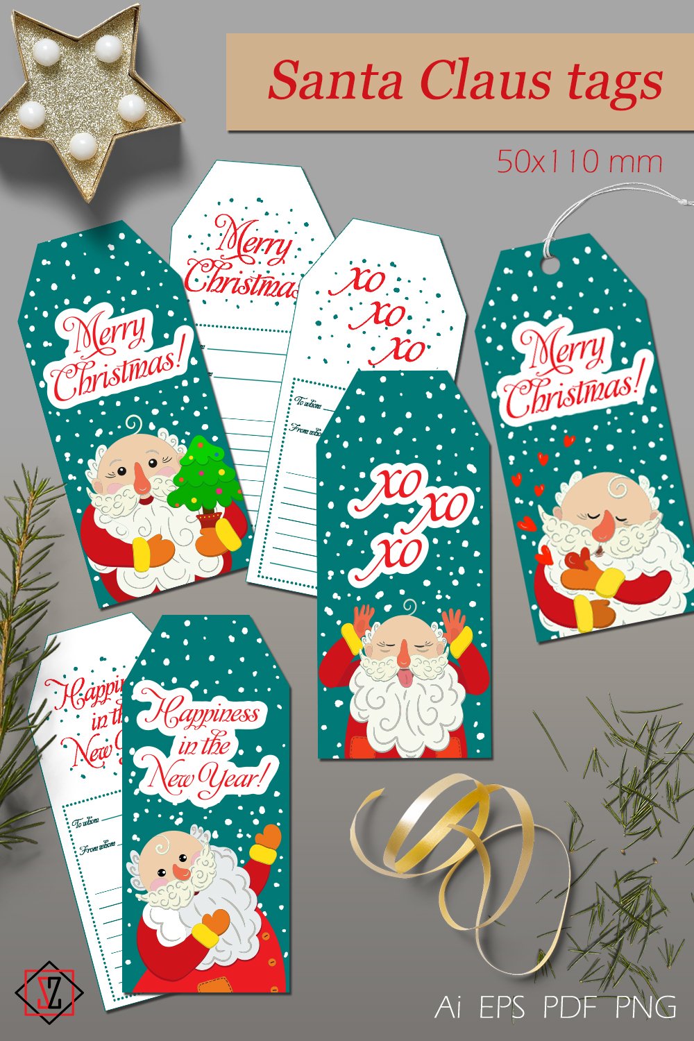 Christmas gift tags with Santa Claus on them