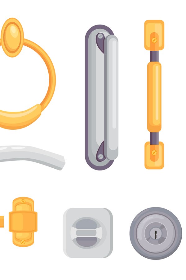 Door handle and knob. Cartoon modern metal and golden locks,