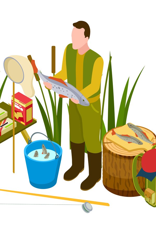 Successful fisherman concept. Vector isometric fishing tools