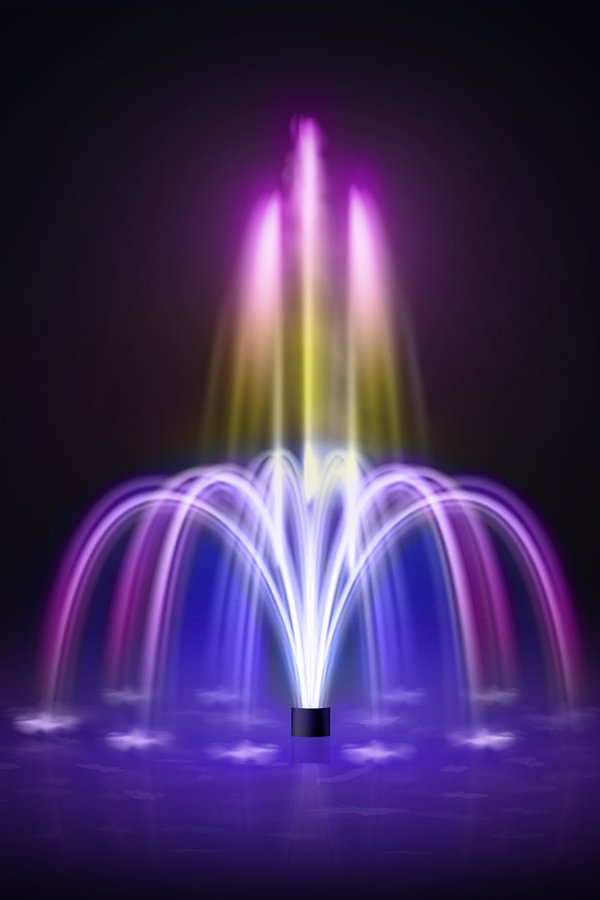 Color fountain. Realistic luminous dancing fountain, water j