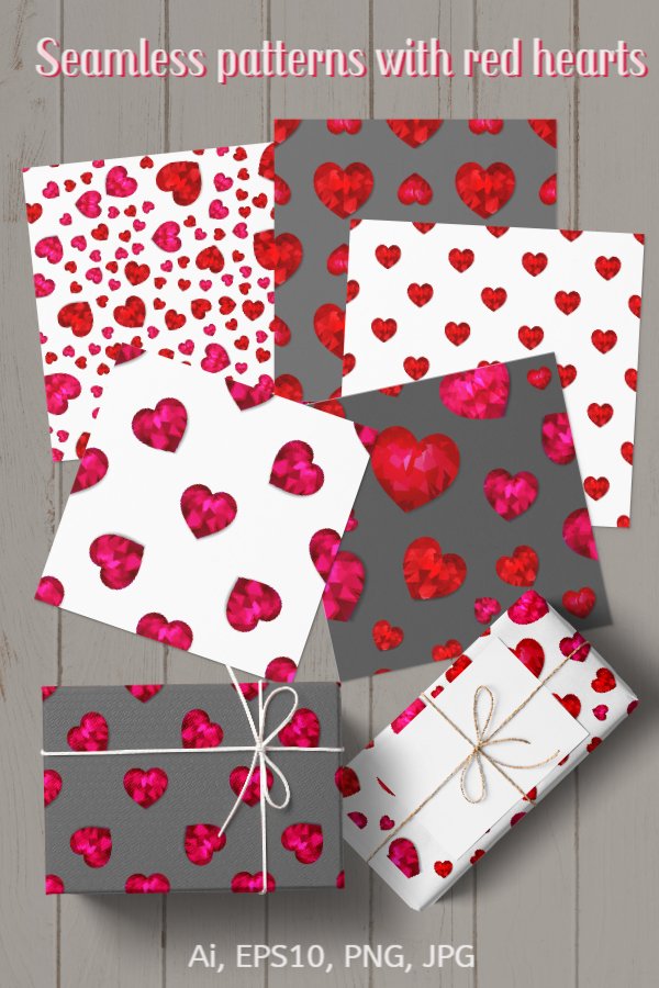 10 seamless patterns with red hearts