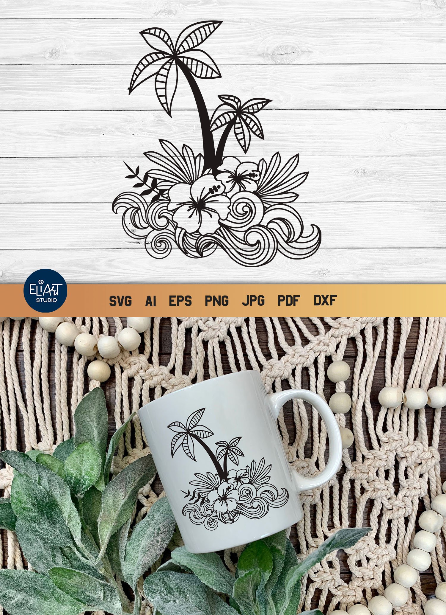 Tropical Island SVG | Palm Tree Design with Ocean Waves