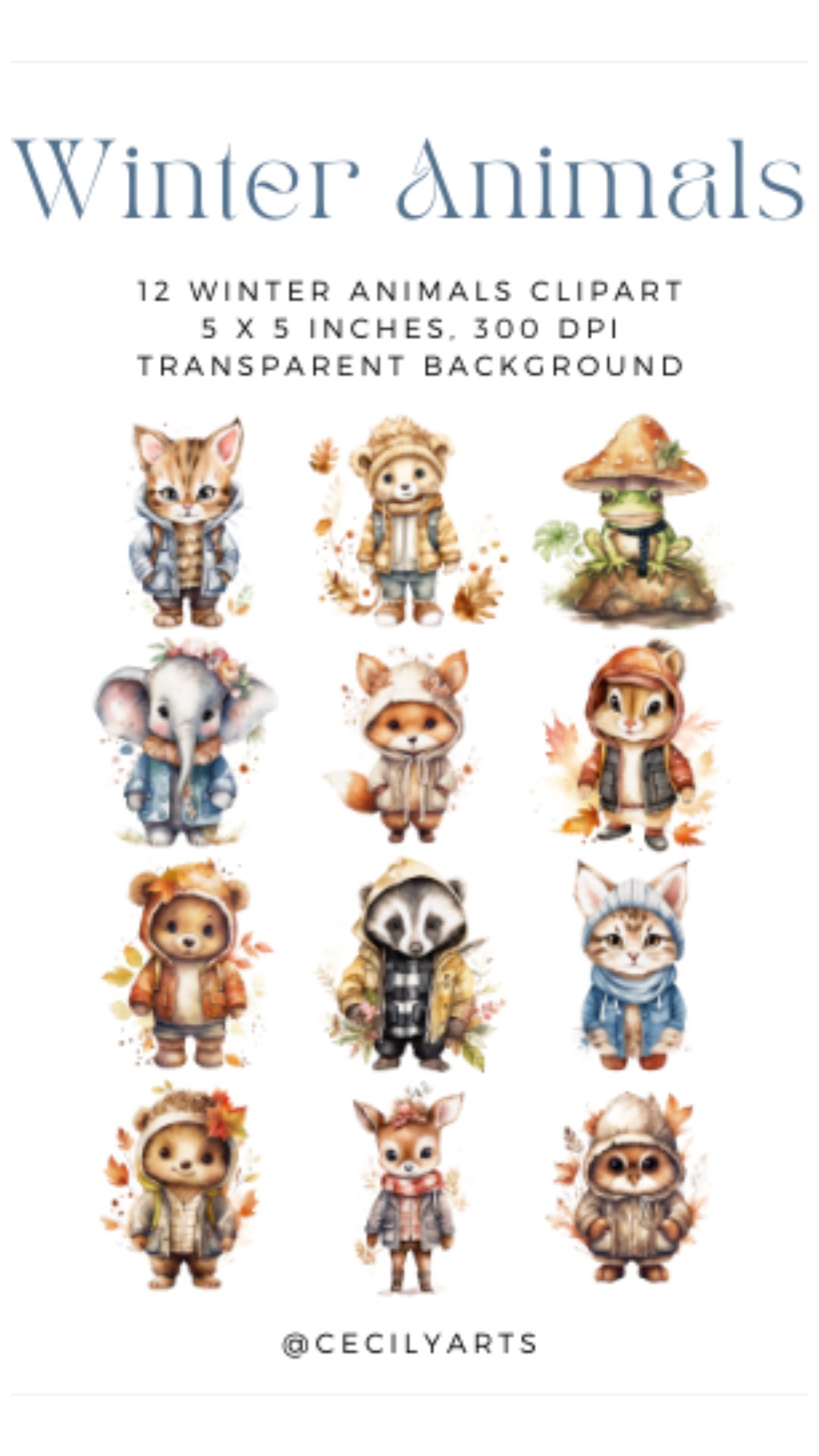 12 Watercolor Winter Animals Clipart