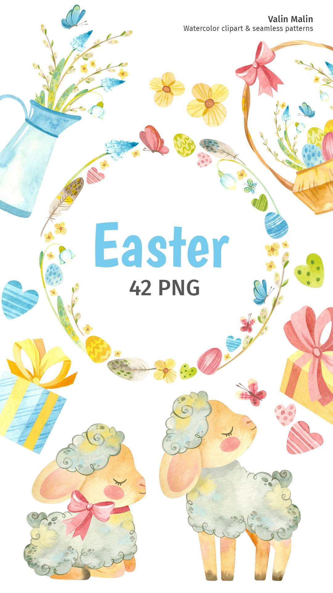 Easter Sheep, Cute Watercolor Clipart