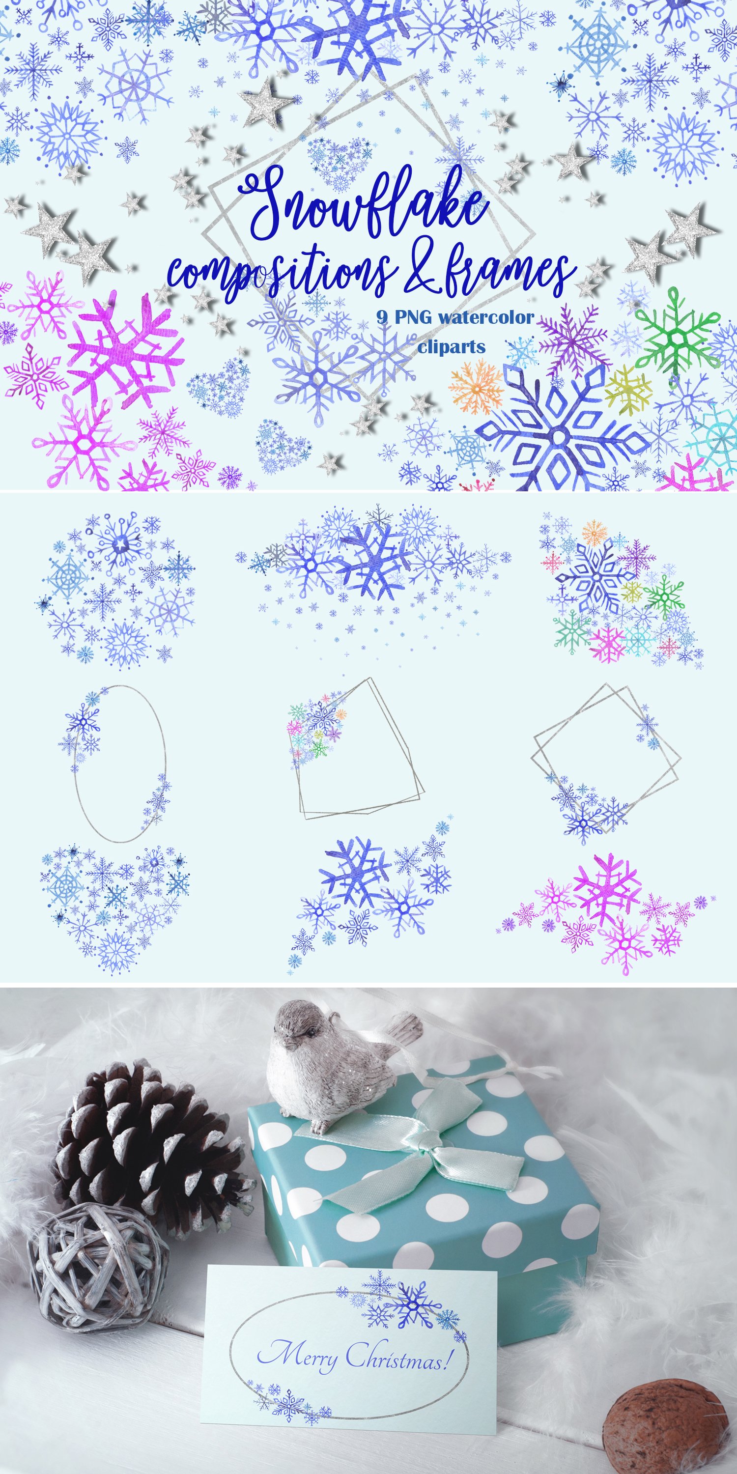 Watercolor Snowflake Frames & Compositions