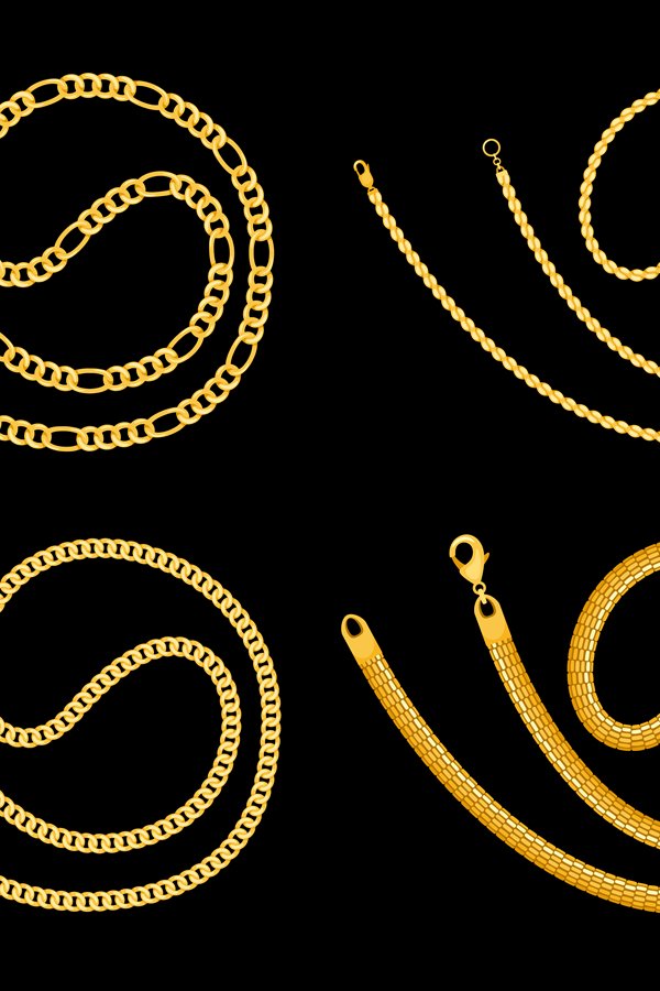Rolled gold chain collection isolated on black