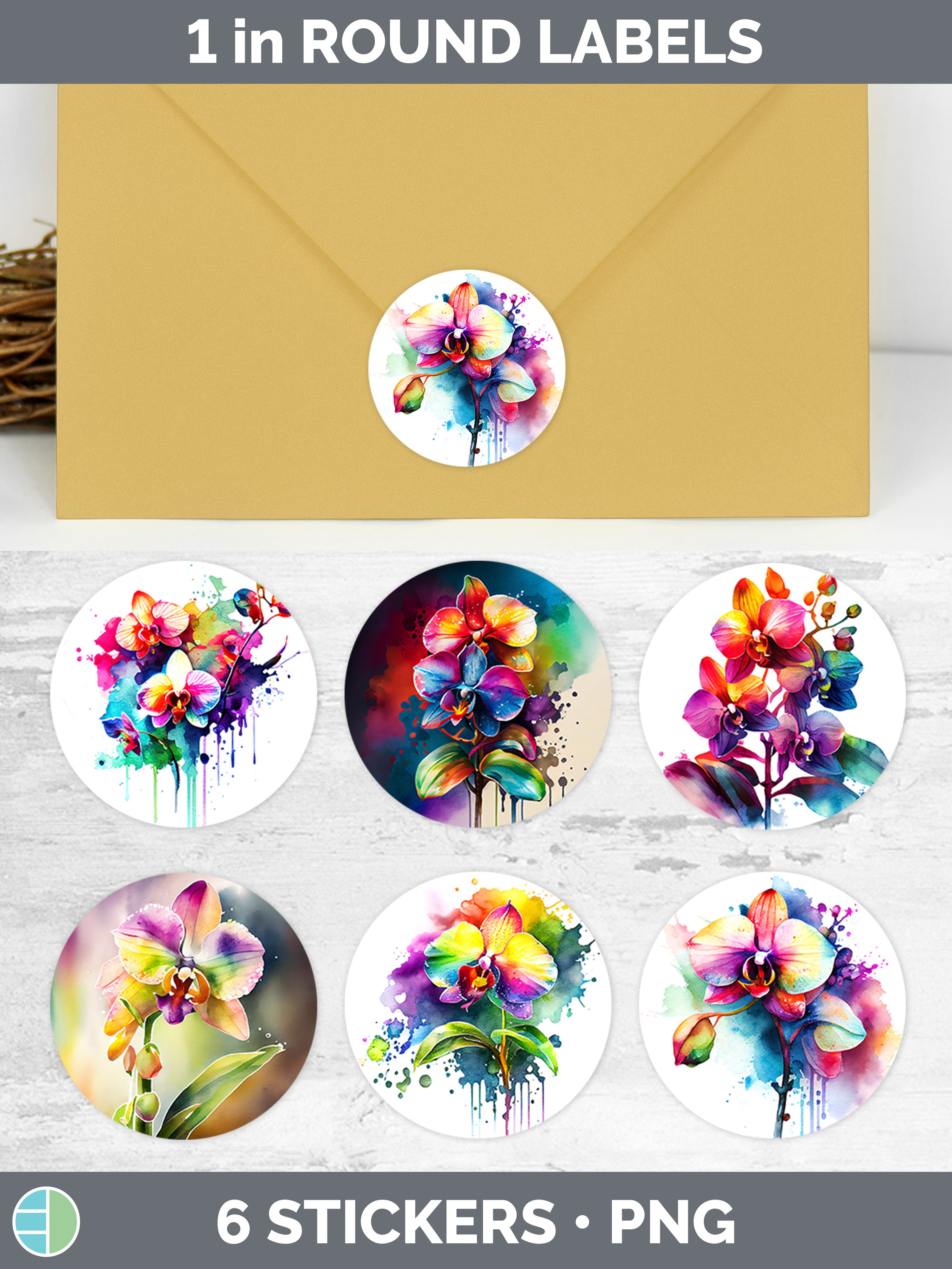 Rainbow Orchid Flowers Stickers | Round Labels Designs Bundl