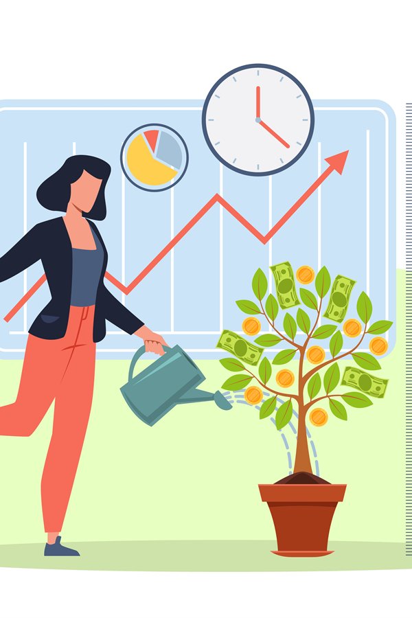 Woman taking care of money tree. Successful investor monitor