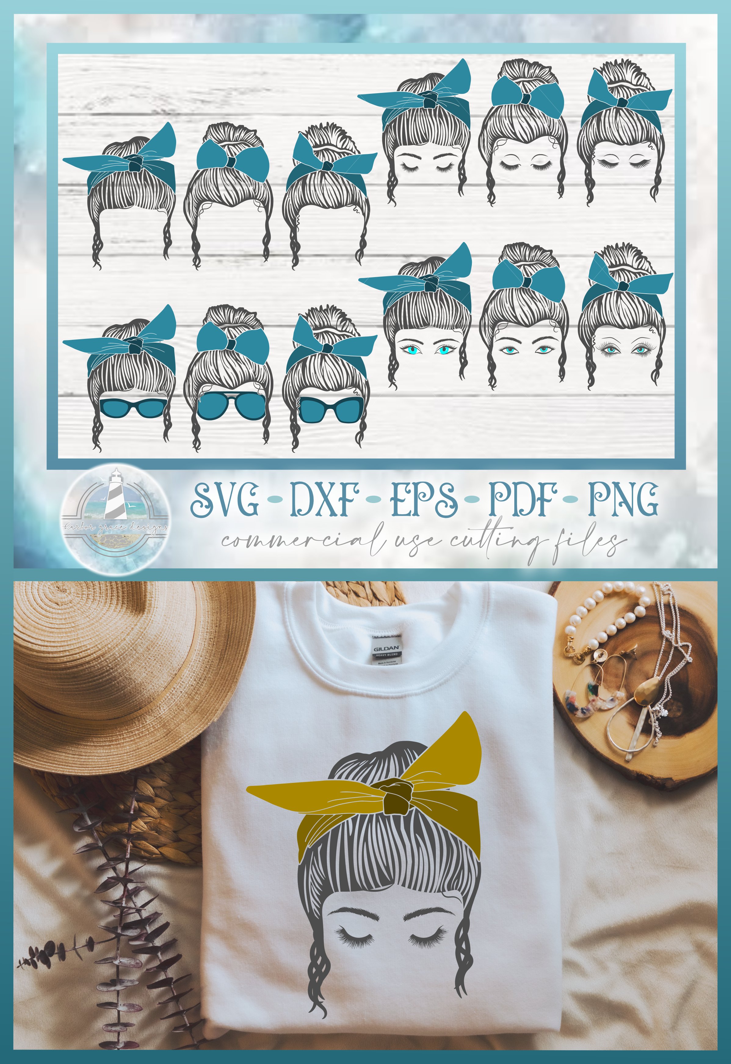 Messy Bun SVG Bundle - Bun Bow Sunglasses Eyes