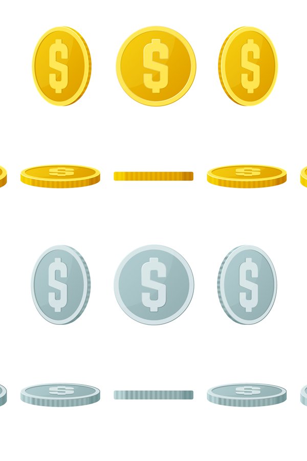 Gold coins animation. Spin gold and silver coins, shiny gamb