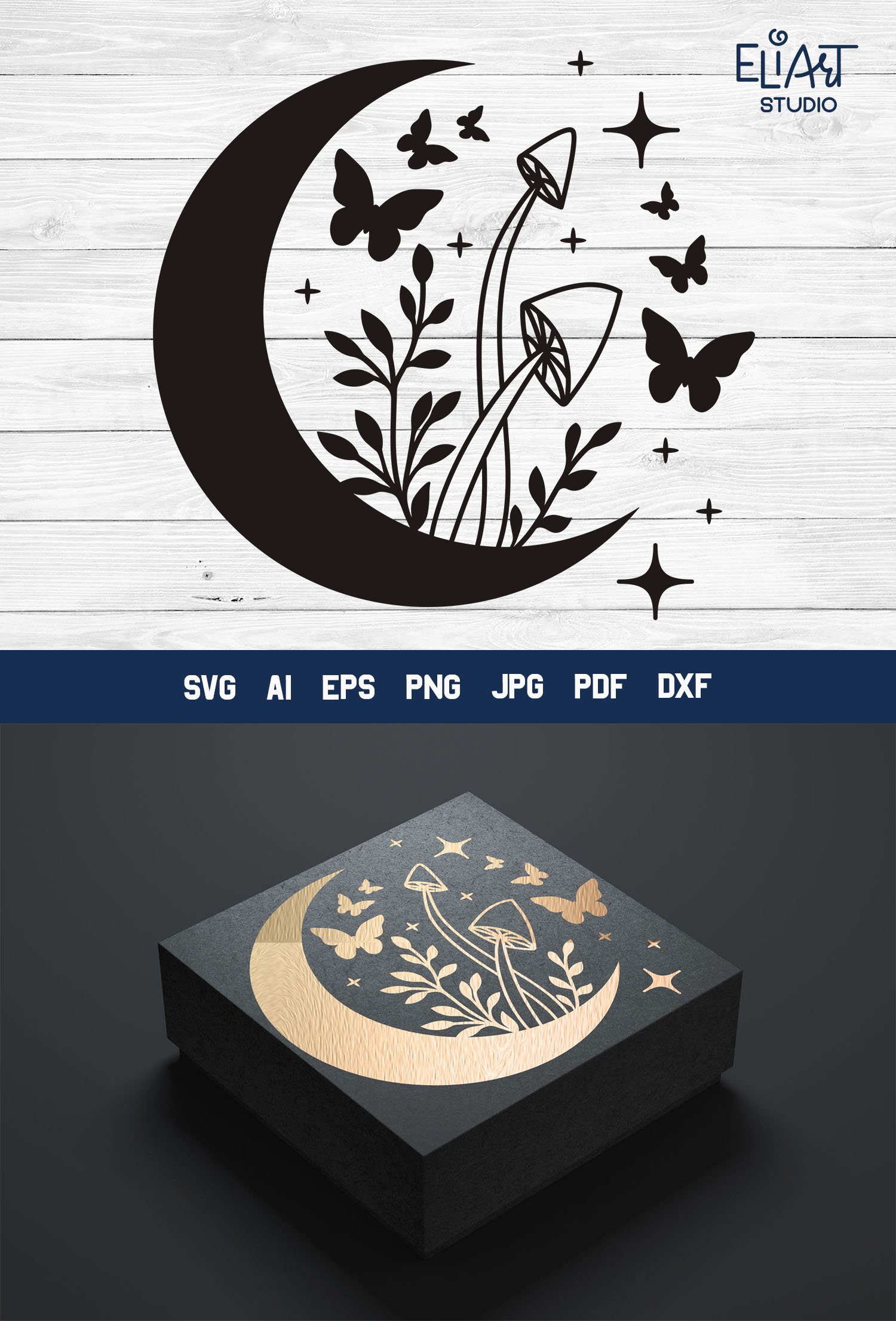 Mystical Moon SVG | Moon with Stars and Butterflies