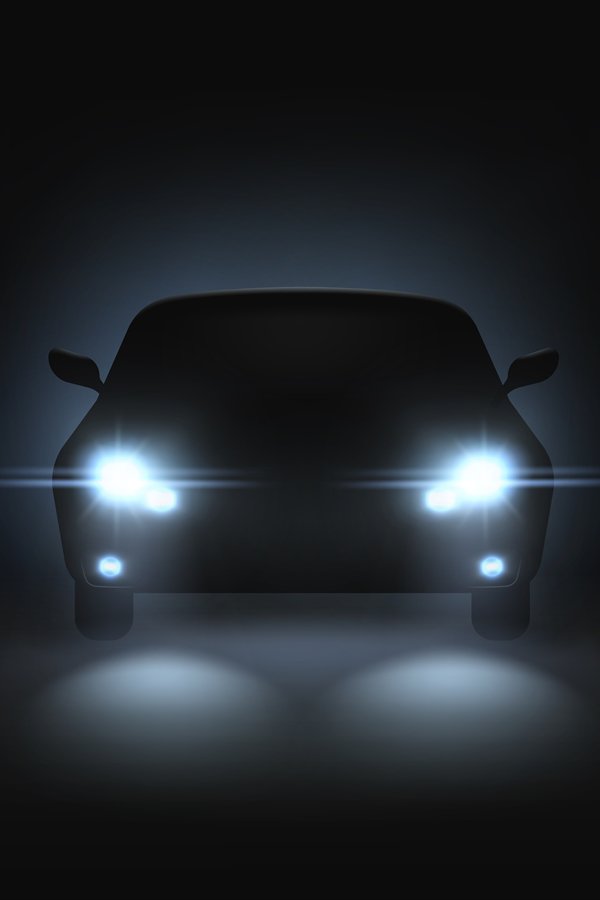 Car headlights. Realistic car with bright headlights in dark