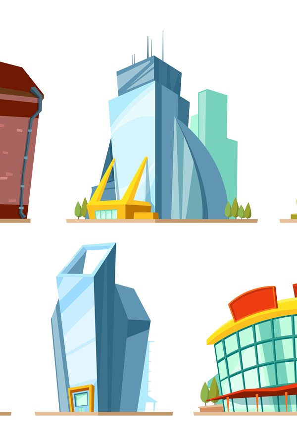 Set of different modern buildings in cartoon style