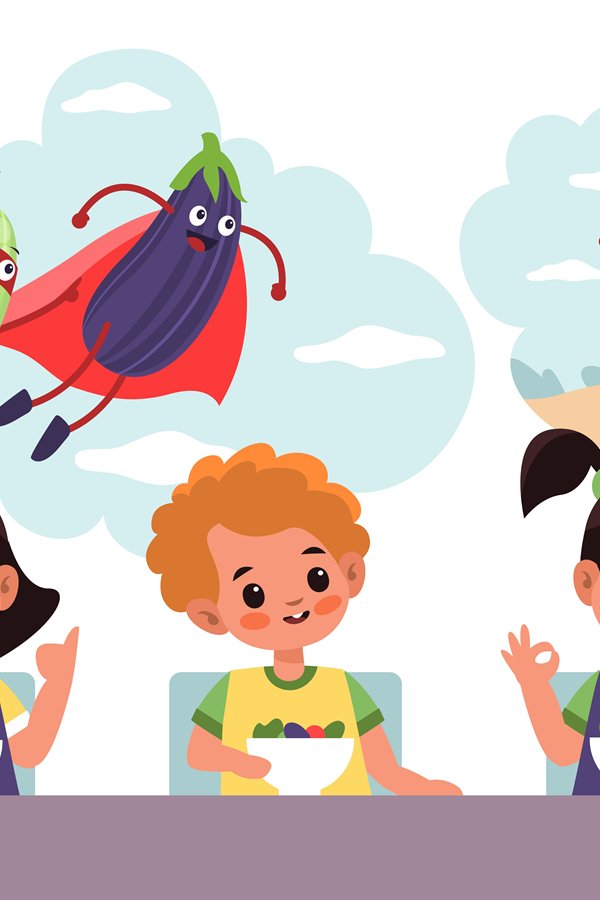 Kids fantasies. Cartoon children dreaming about superhero ve