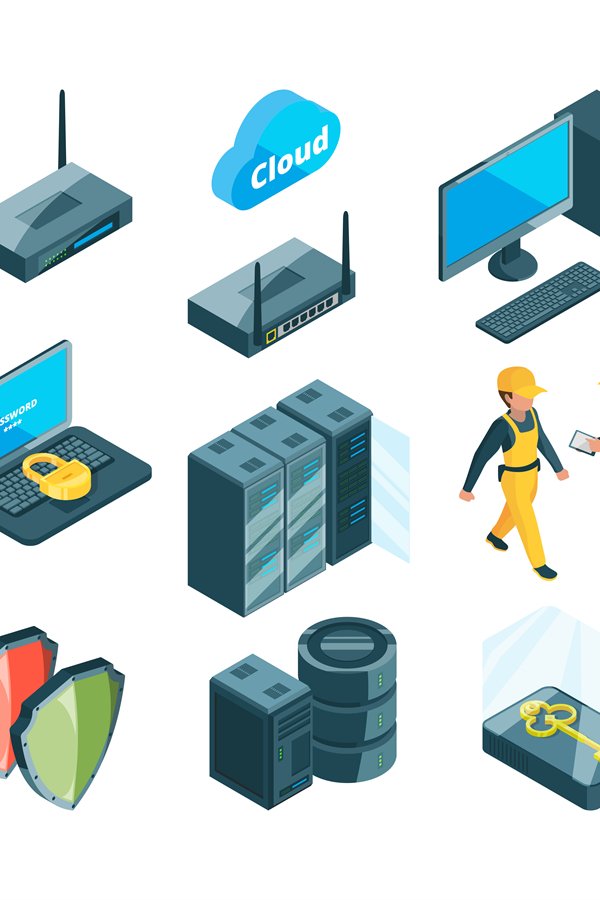 Isometric icon set of different electronic systems for datac