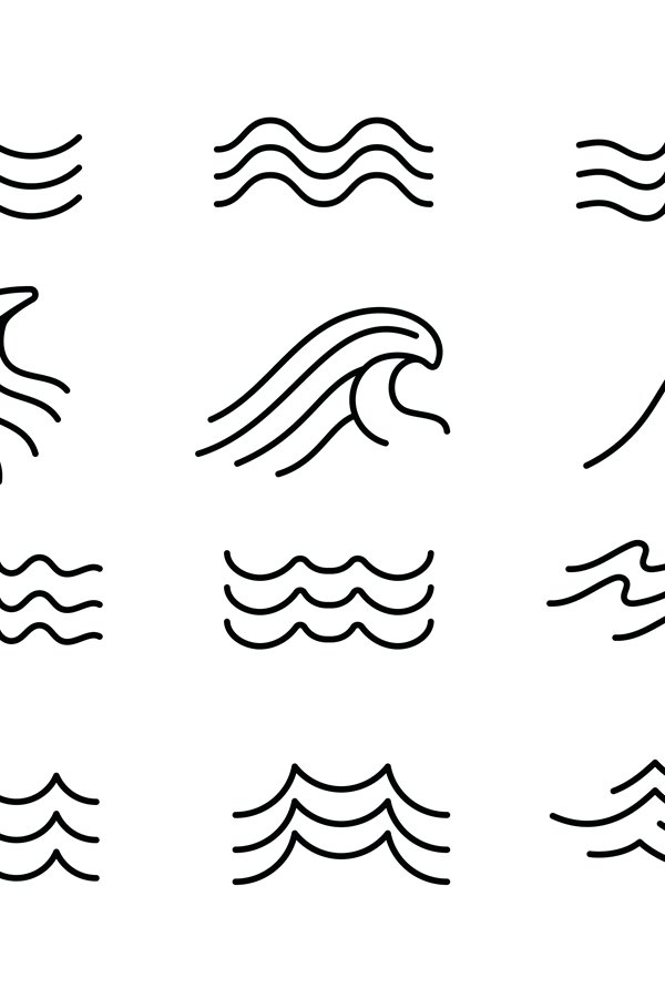 Line sea wave. Ocean water wavy elements, splashing blue sto