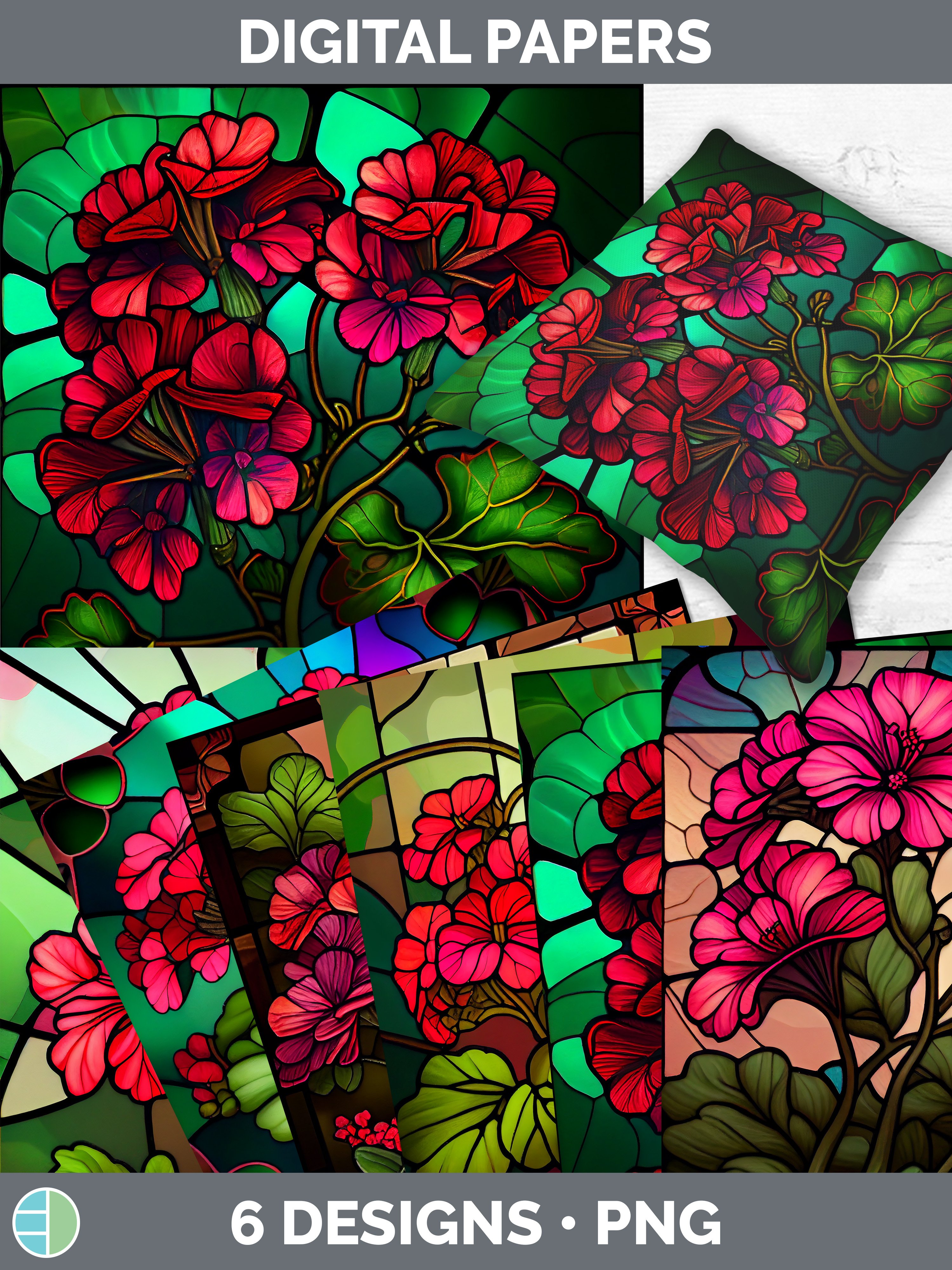 Stained Glass Geranium Flowers Paper Backgrounds | Digital S