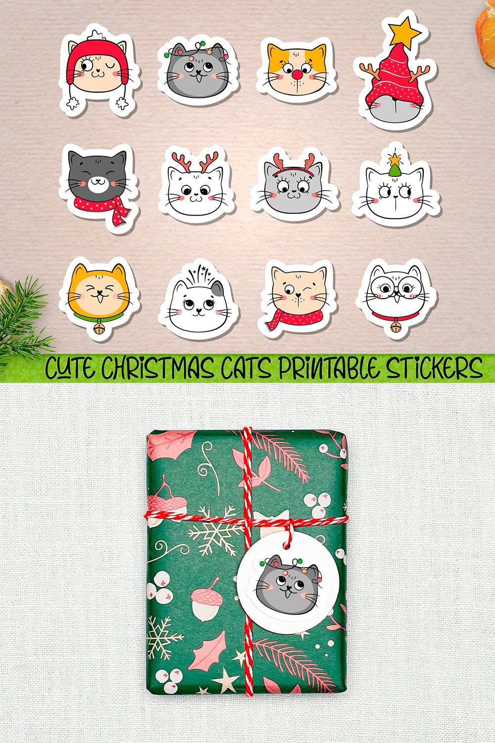 Cute Christmas cats printable stickers. PNG, JPG.