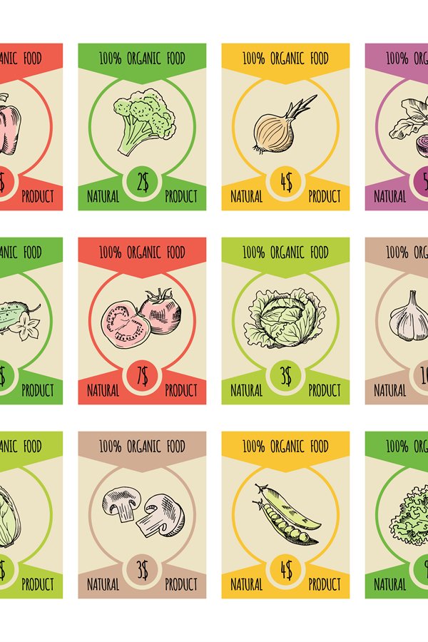 Vector vegetables illustrations on price cards for farmers m