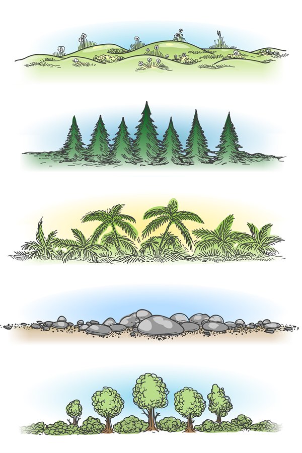 Colorful hand drawn landscapes with trees