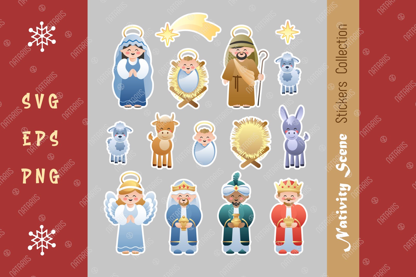 Nativity Scene Stickers Collection. Cute cartoon characters.