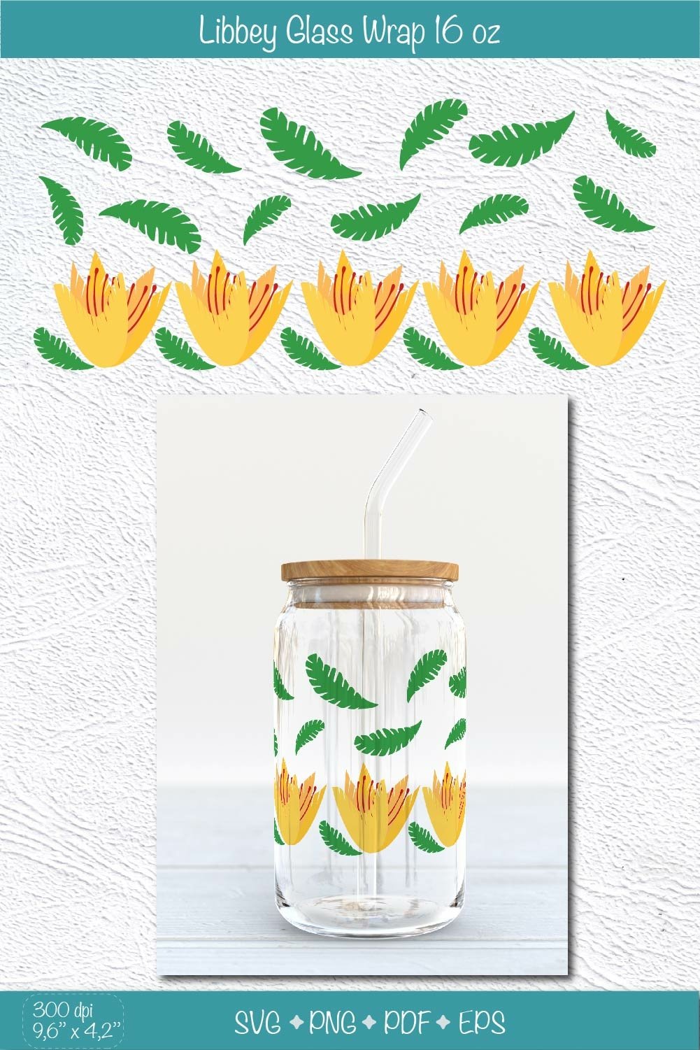 Libbey glass wrap Bundle with Groovy Flower and Leaves 16 oz