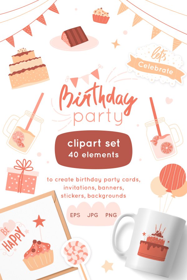 Birthday party stickers and cliparts. Lettering, cakes, gift