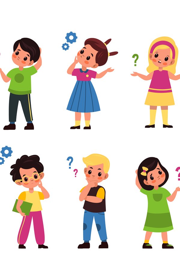 Thoughtful kids. Children with questions, lamps and gears sy