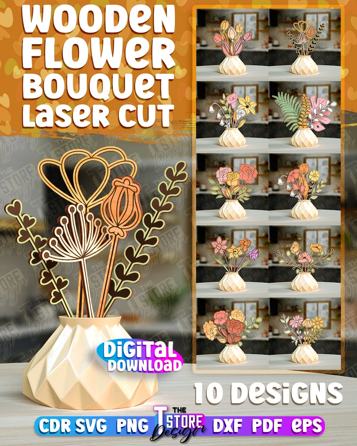 3d Flowers Laser Cut|Wooden Flower Bouquet Laser Cut Design