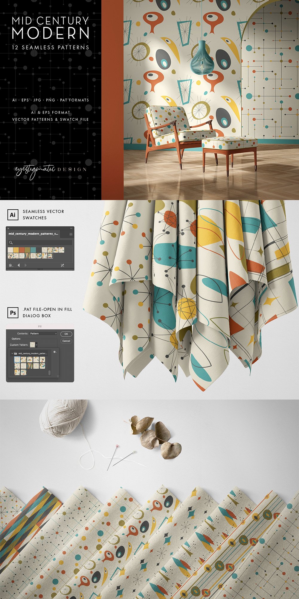 12 Seamless Mid Century Modern Patterns - Set 2