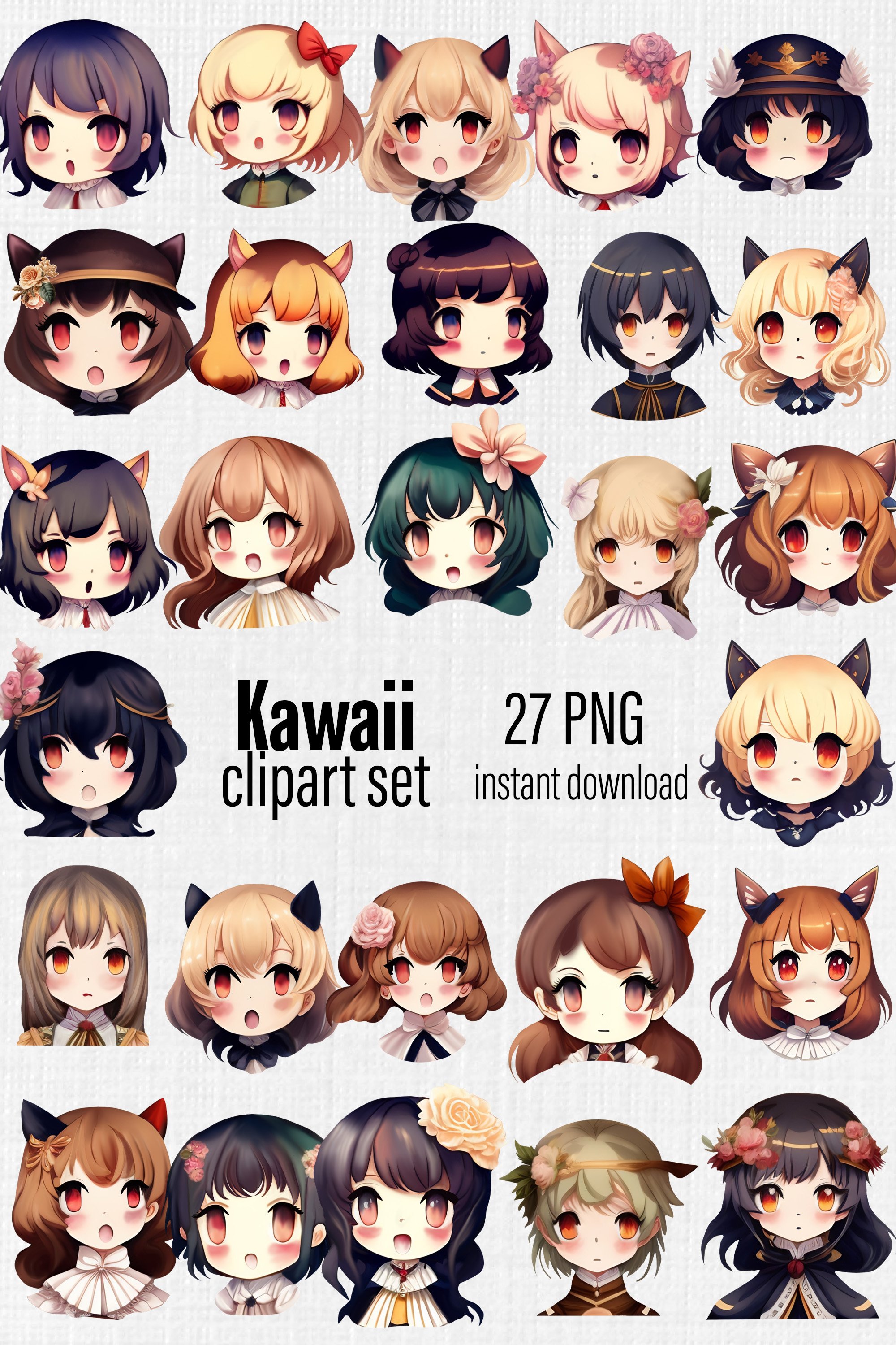 Kawaii clipart, Chibi clipart, 27 PNG Digital download