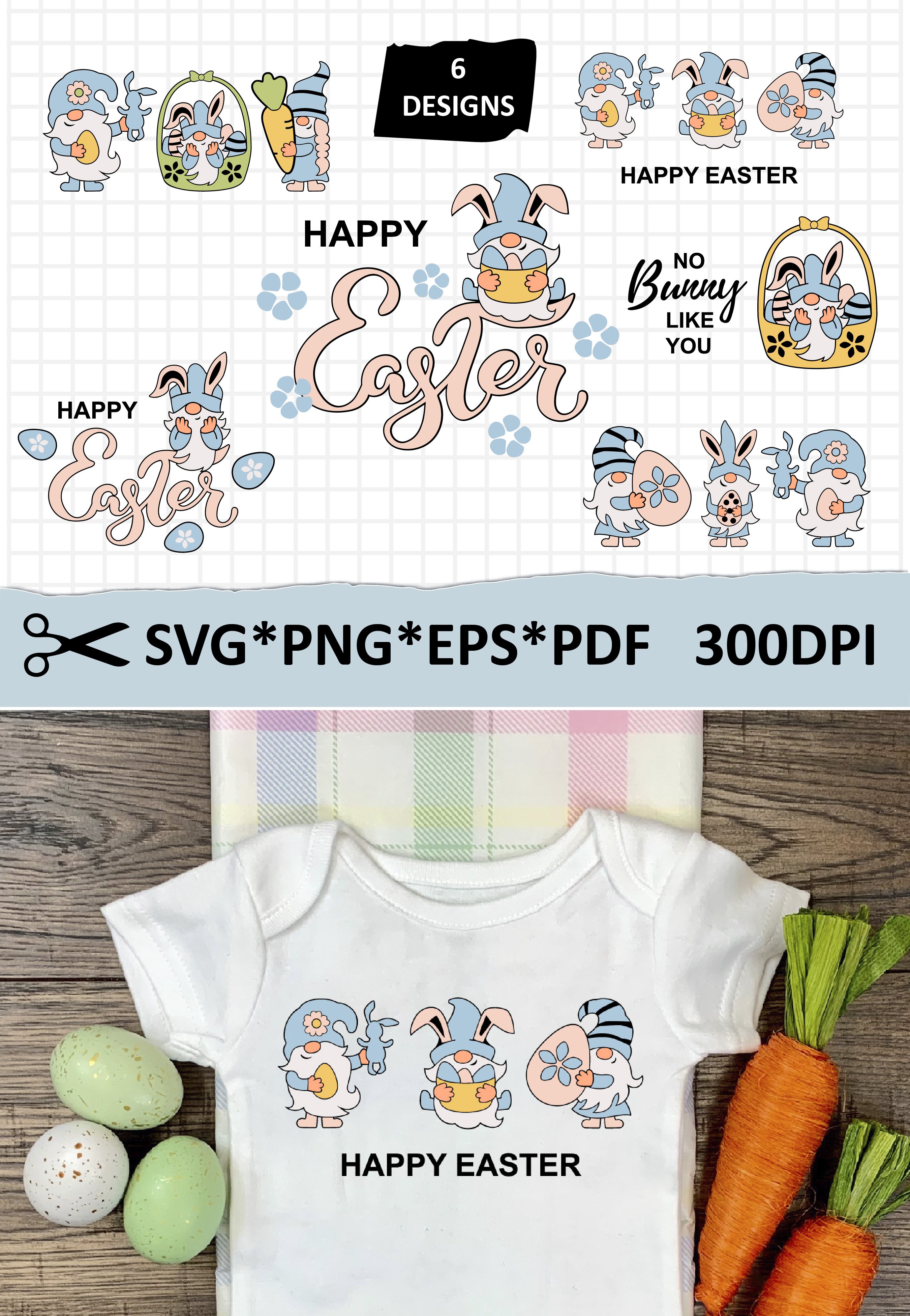 Happy Easter designs, bunny gnomes with eggs.