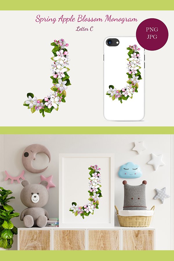 Alphabet Monogram, letter J png, Apple blossoms, sublimation