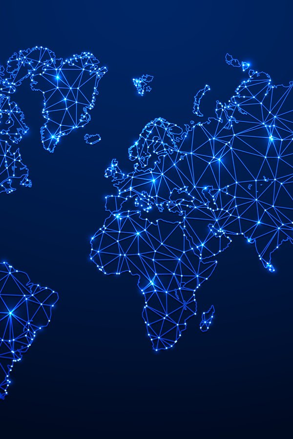 Polygonal map. Digital globe map, blue polygons earth maps a