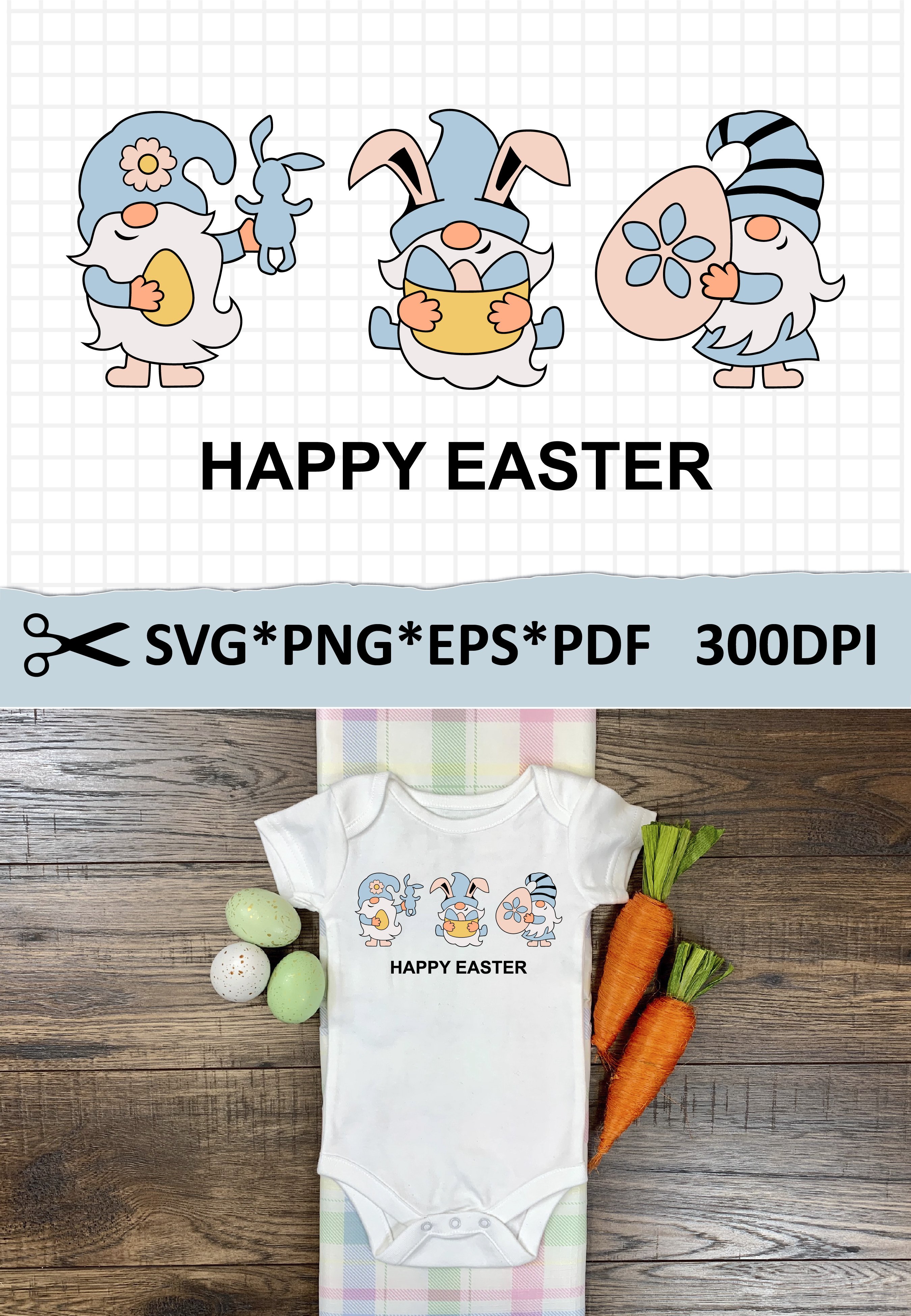 Happy Easter with three gnomes. SVG files, digital clipart.