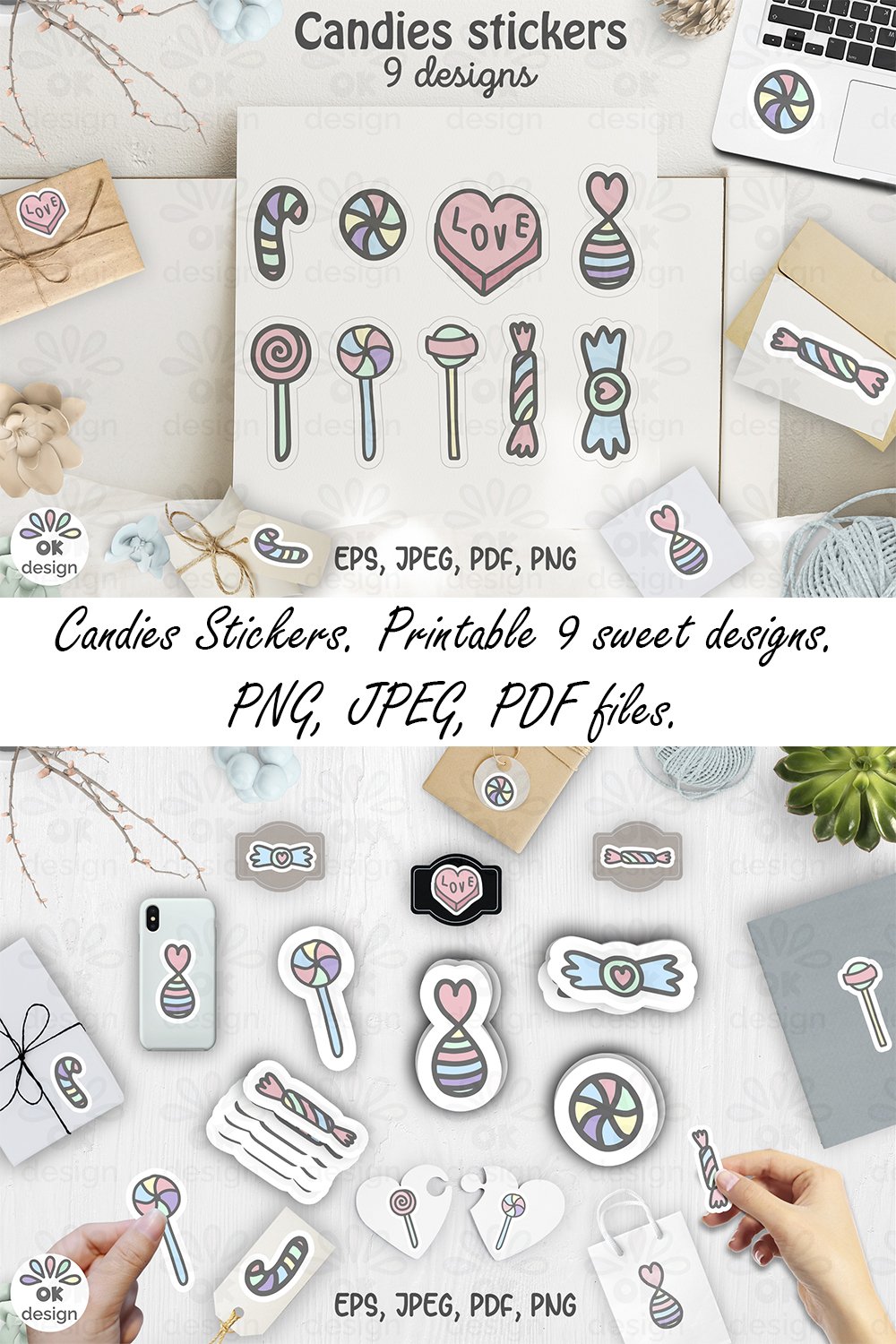 Candies Stickers. Printable 9 sweet designs. PNG, JPEG, PDF