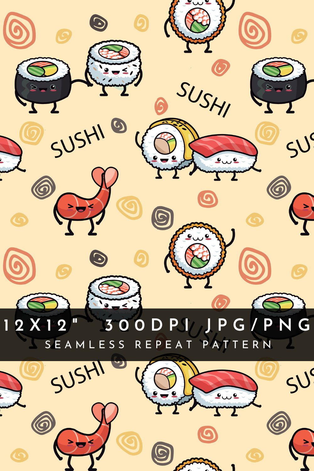 Sushi Kawaii Digital Paper Japanese Kawaii Seamless Pattern
