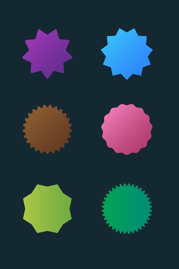 Colored stars emblems. Round sticker shapes promo burst star