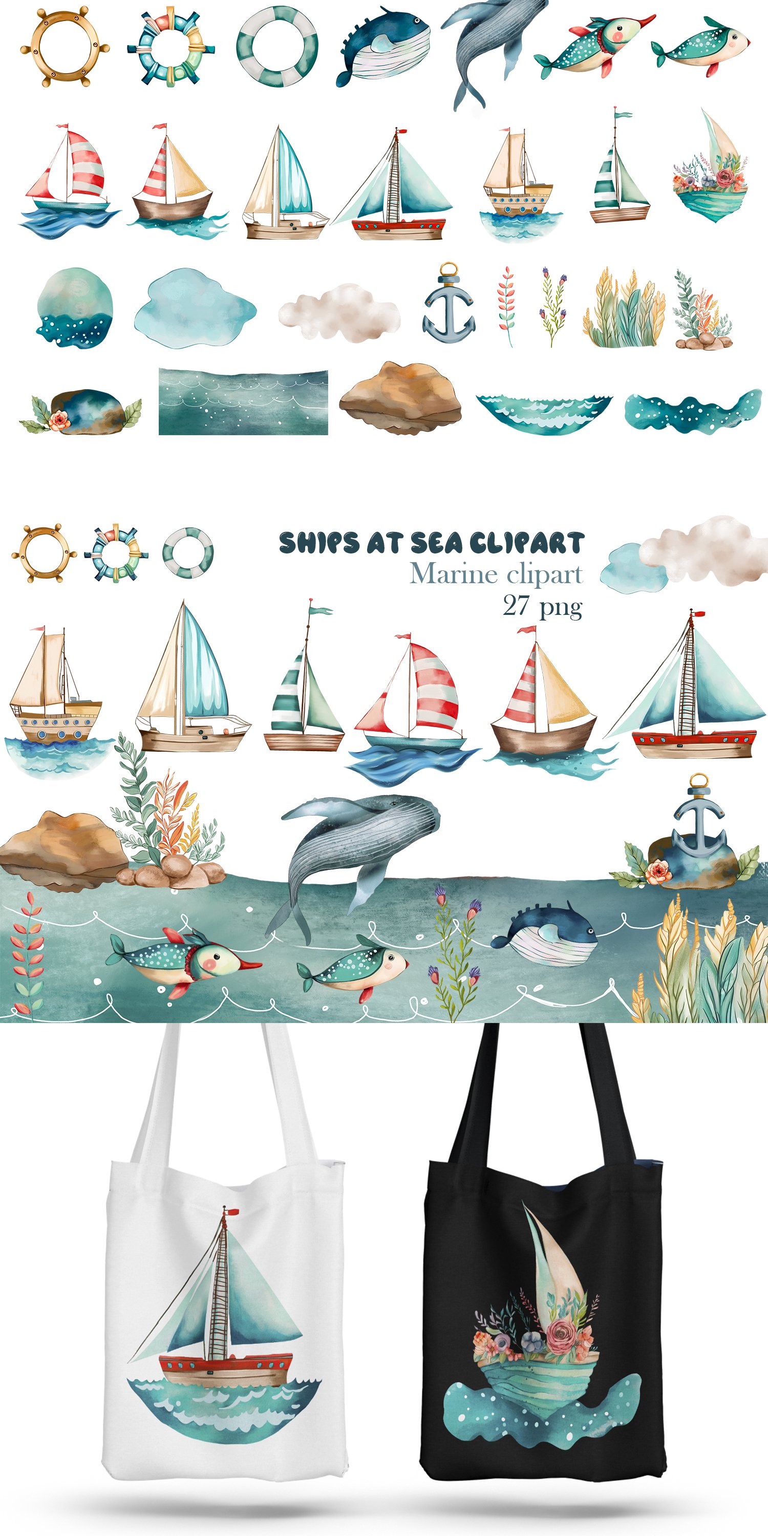 Funny ships at Sea, Cute Nautical Kids Art