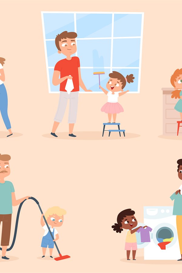 Kids housework. Children helping parents cleaning and washin